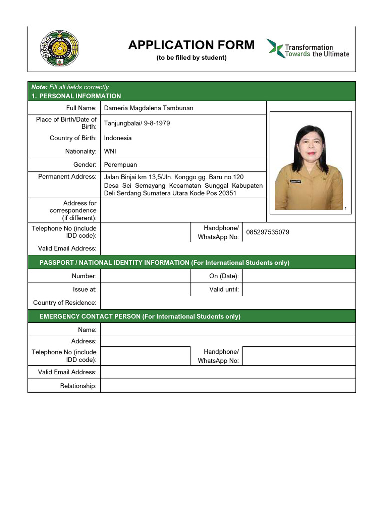 Application Form For Students - Dameria Magdalena Tambunan | PDF