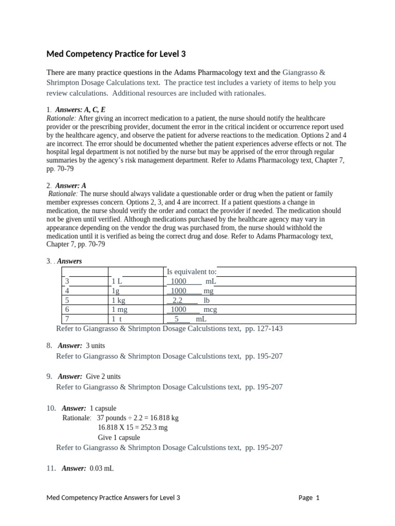 Med Competency Practice Answers For Level 3 | PDF | Adverse Effect ...