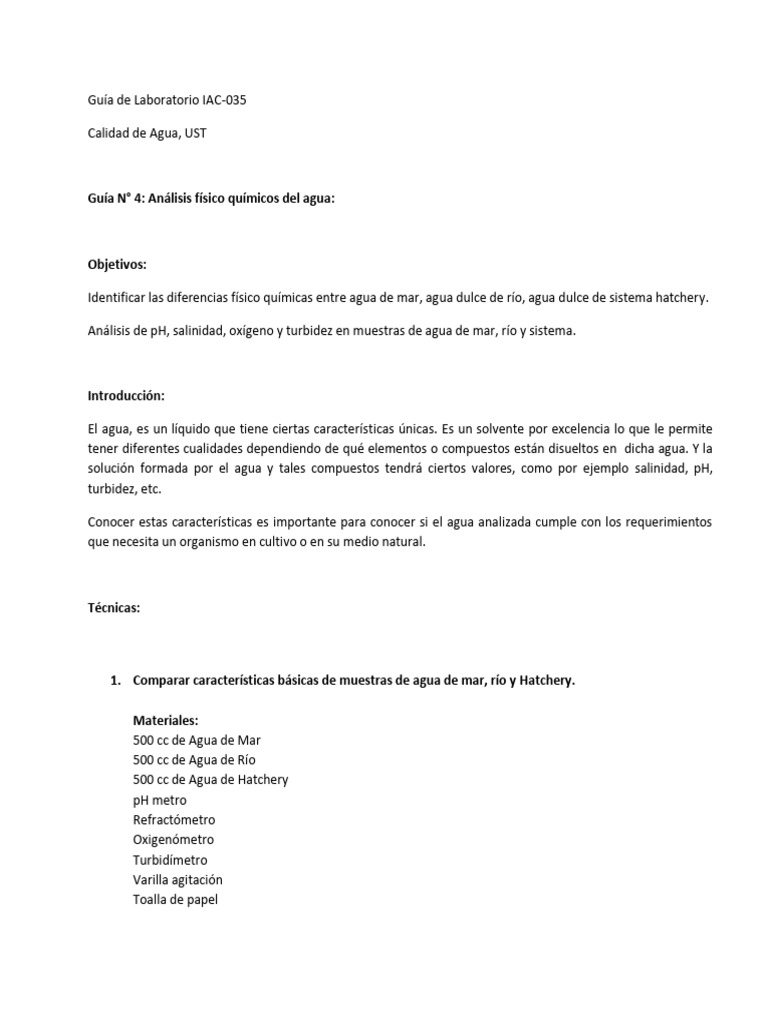 Guía Laboratorio 4 Análisis Parámetros Del Agua (PH, Salinidad, Turbidez, Oxígeno) | PDF