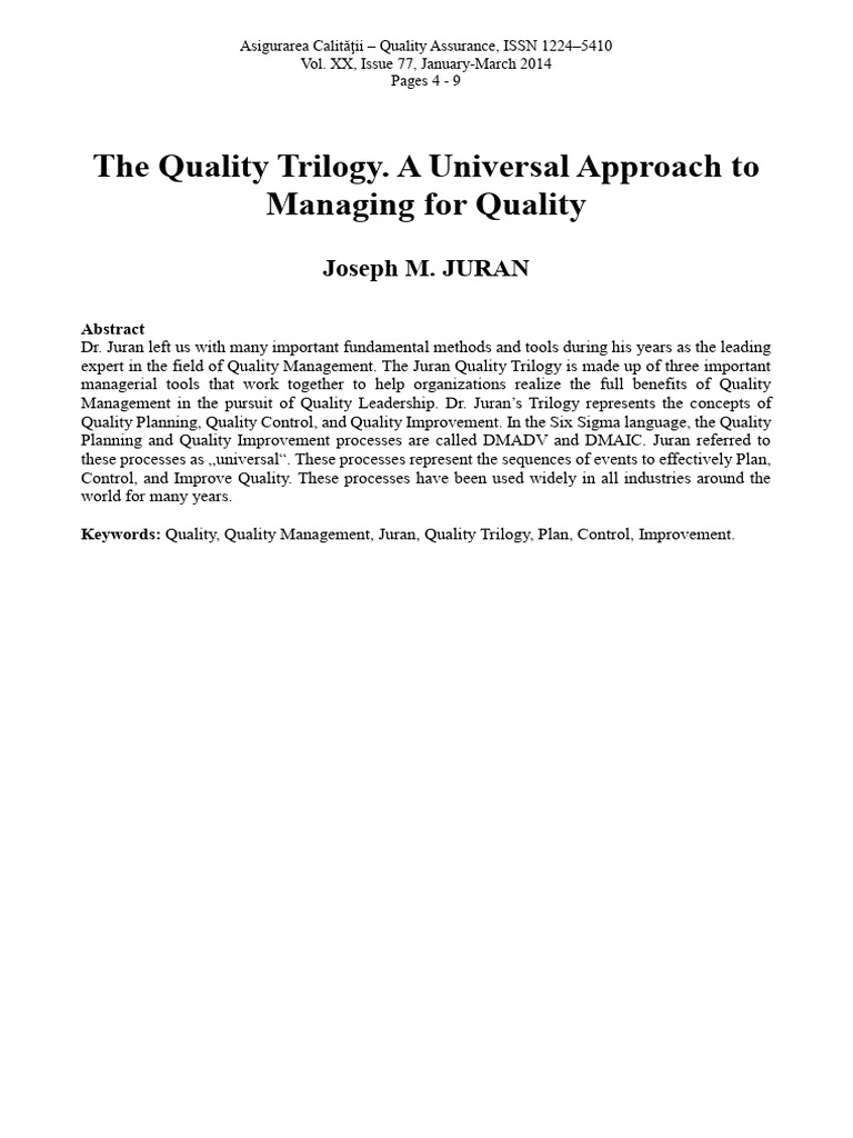 The Quality Trilogy. A Universal Approach To Managing For Quality | PDF