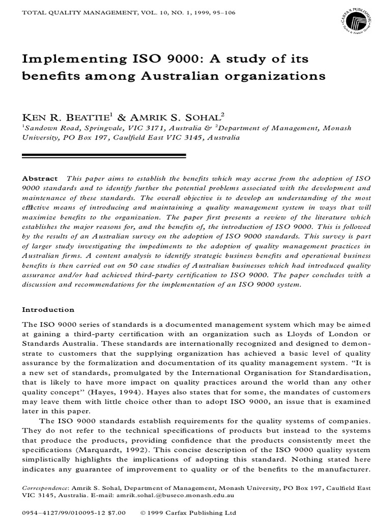 Implementing ISO 9000 - A Study of Its Benefits Among Australian Organizations | PDF