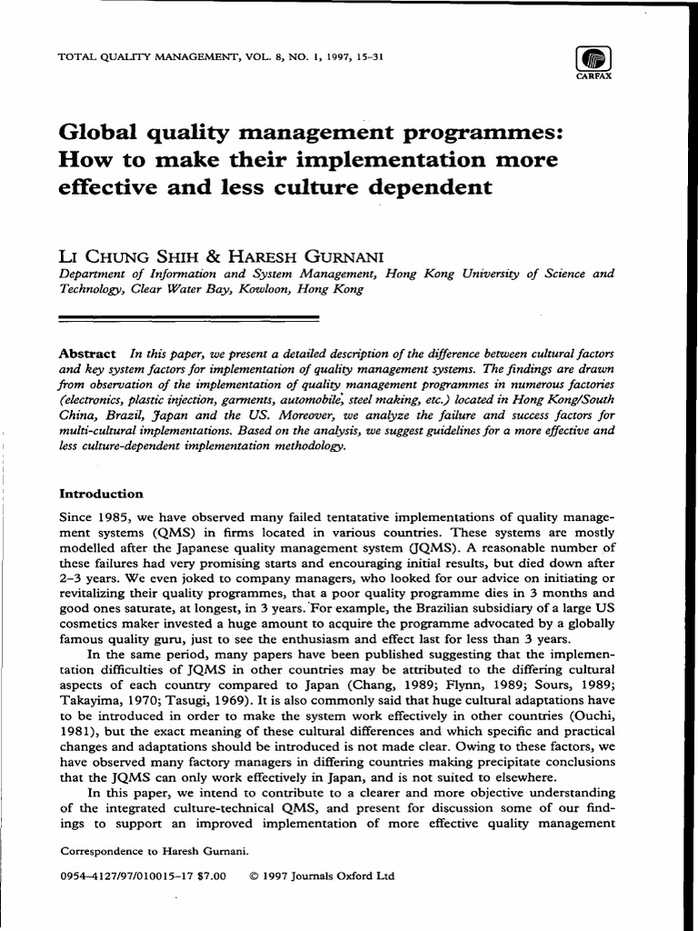 Global Quality Management Programmes - How To Make Their Implementation ...