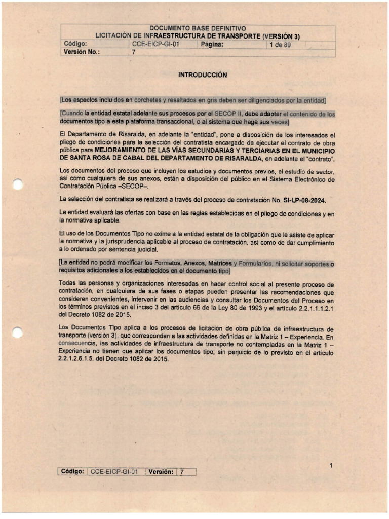 Documento Base o Pliegos Tipo Definitivo CCE-EICP-GI-01 Licitación SI-LP-08-2024 | PDF