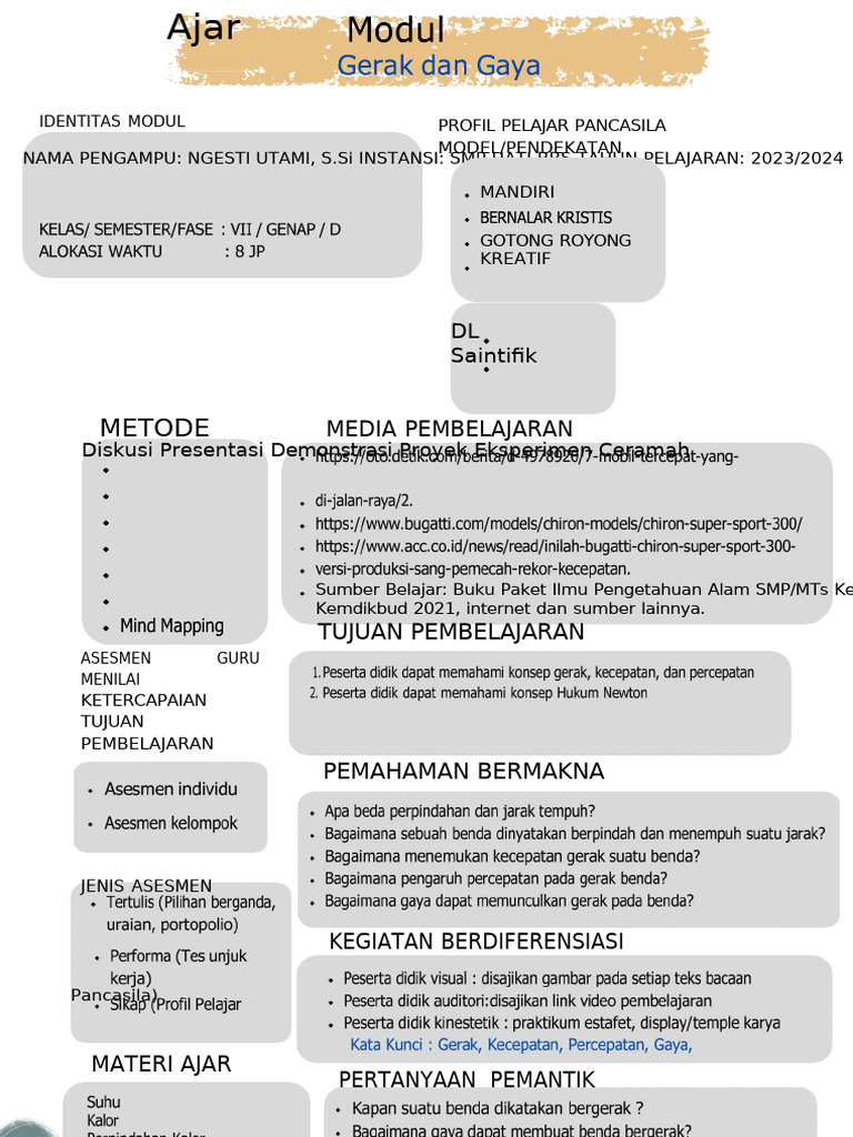 Modul Ajar Ilmu Pengetahuan Alam (IPA) - Gerak Dan Gaya - Fase D | PDF