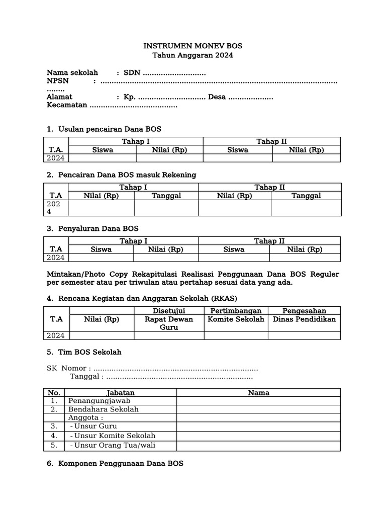 Instrumen Monev Bos 2024 | PDF