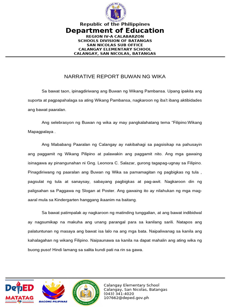 Narrative Report Calangay ES Buwan NG Wika | PDF | Languages Of Southeast Asia | Southeast Asia