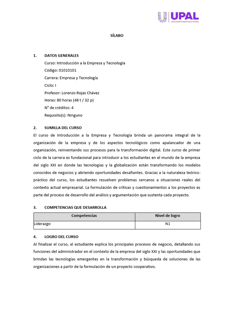 Silabo 1 - 01010101-Introducción-A-La-Empresa-Y-Tecnología | PDF