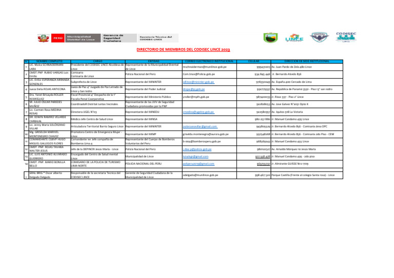 01 Directorio de Los Miembros de Codisec Lince 2024 | PDF