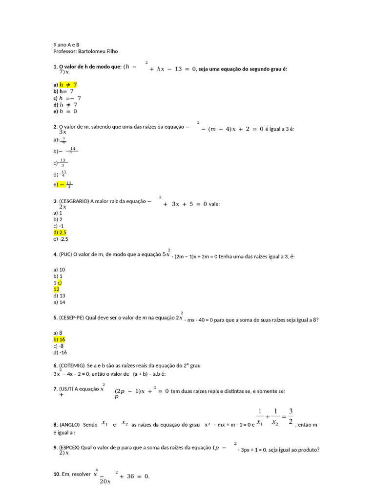 Equacao-Do-2-Grau - Prova 9 Ano | PDF