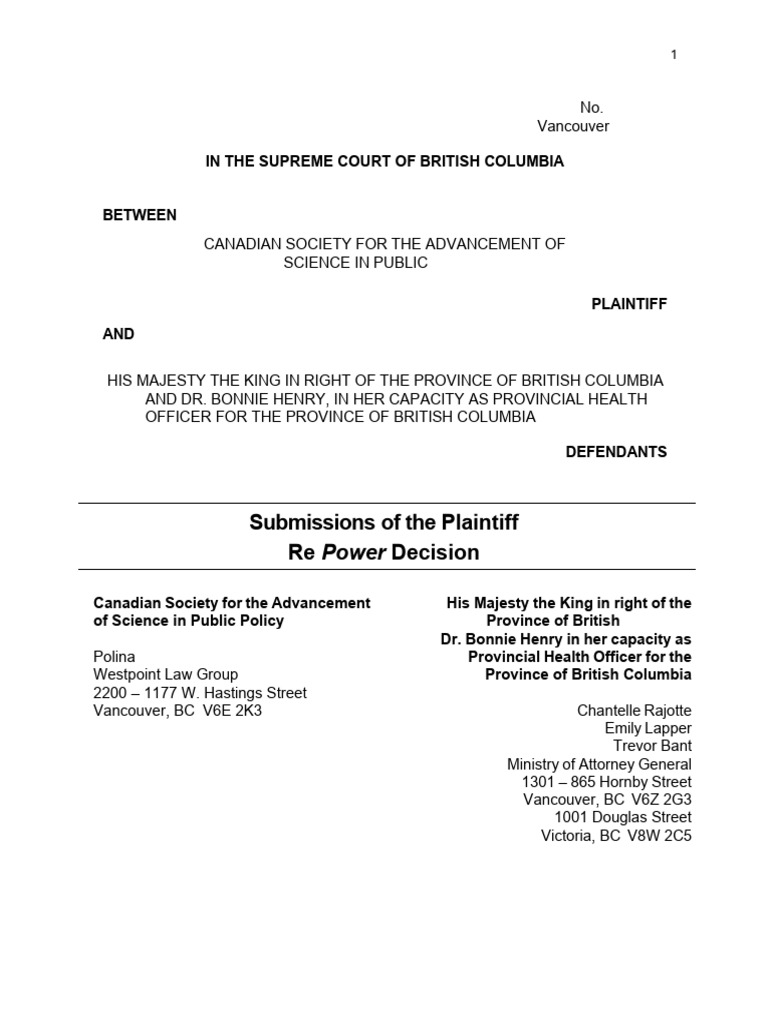 2024-08-30 - Plaintiff's Written Submissions On Power | PDF | Tort | Damages