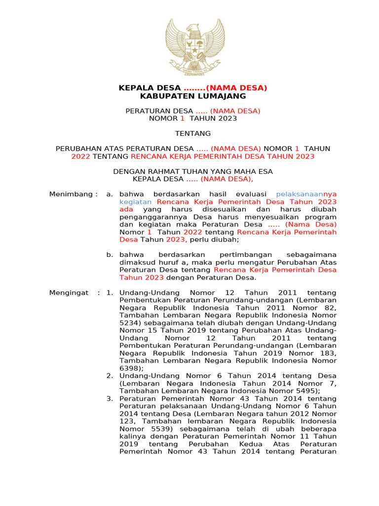 1 Contoh Perdes Perubahan Lebih Dari 1 Pasal | PDF