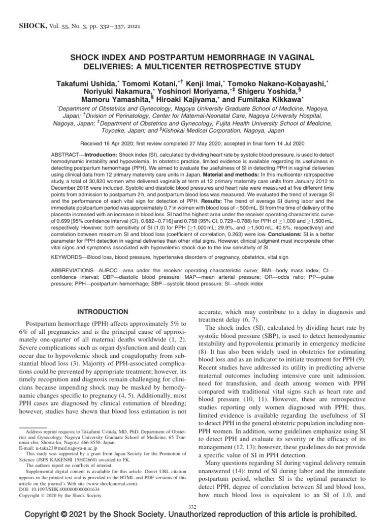 Shock Index and Postpartum Hemorrhage in Vaginal.8 | PDF