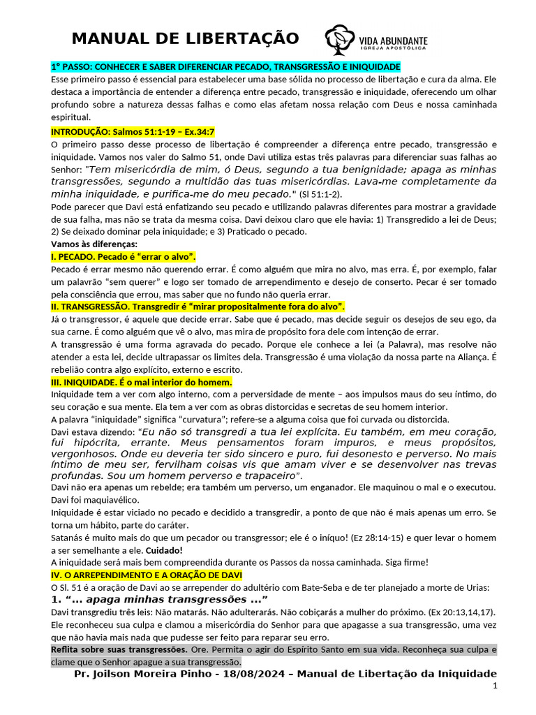 1º Passo - Conhecer e Diferenciar Pecado - Transgressão - Iniquidade | PDF