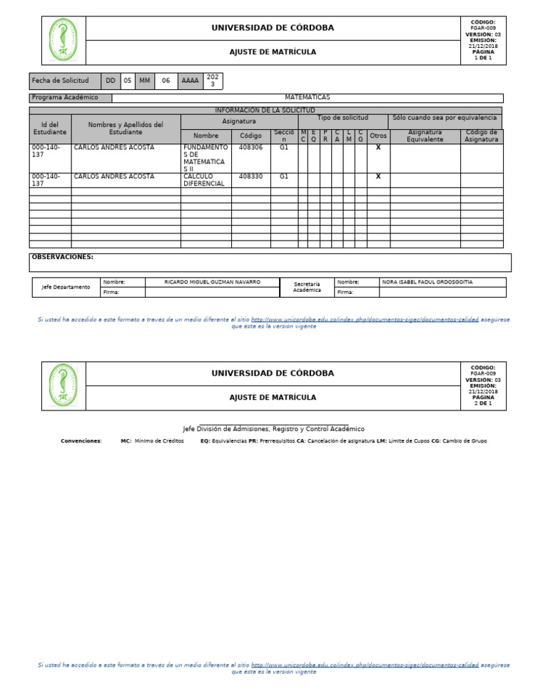 Fgar-009 Ajustedematricula Carlos | PDF