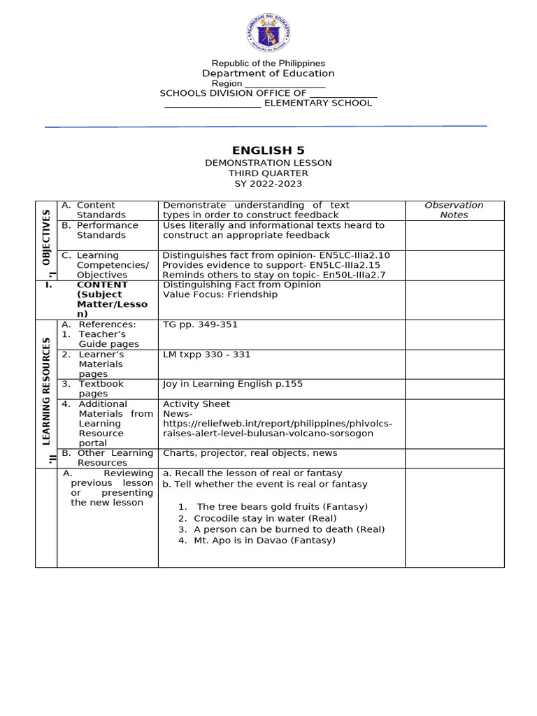 Demo Lesson DLP English 5 | PDF