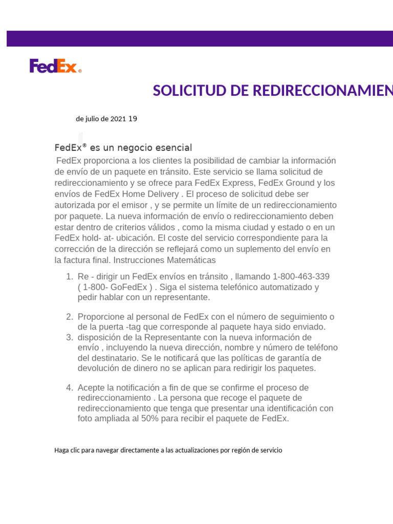 Redireccionamiento de Envíos FedEx | PDF