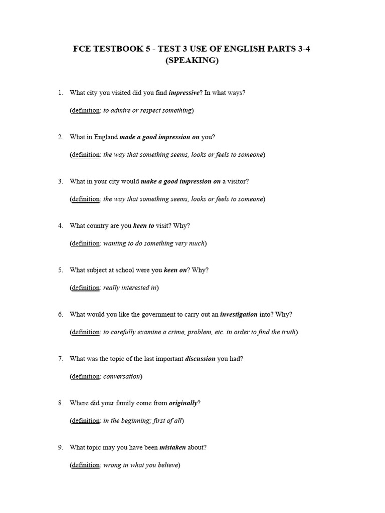 Fce Testbook 5 - Test 3 Use of English Parts 3-4 Speaking | PDF