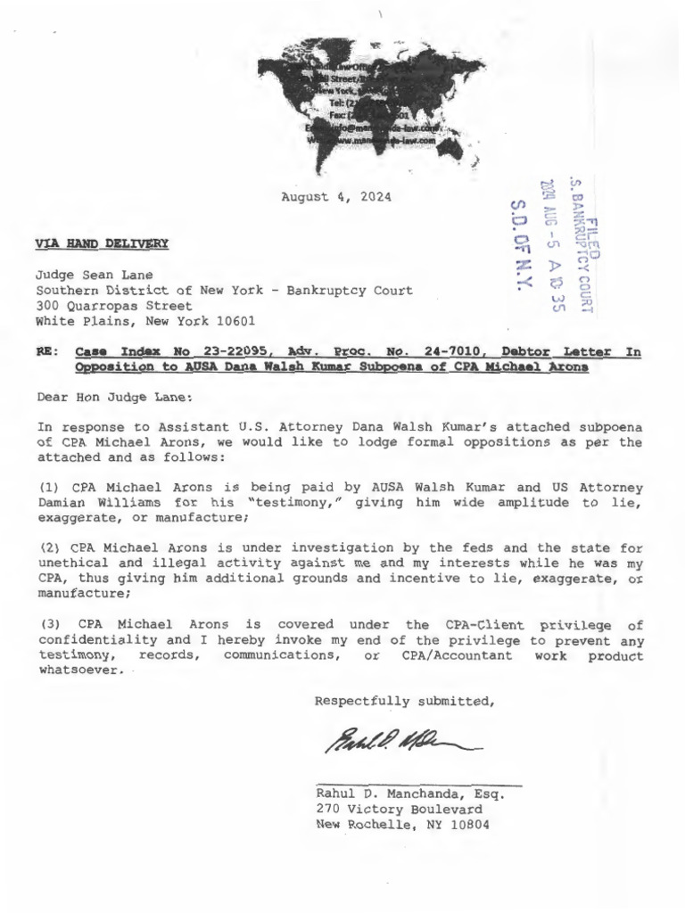 Debtor Letter in Opposition To AUSA Dana Walsh Kumar Subpoena To CPA ...