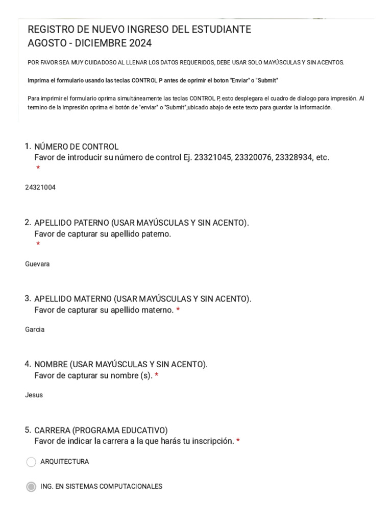 Registro de Nuevo Ingreso Del Estudiante Agosto - Diciembre 2024 | PDF
