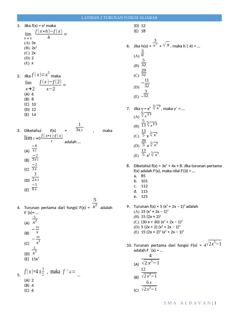 Latihan 2 Turunan Aljabar IPS | PDF