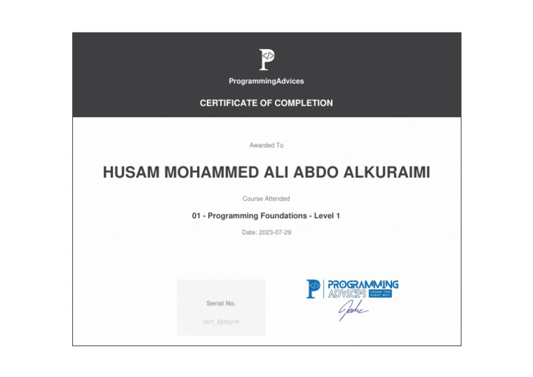 Certificate of Completion For Programming Foundations Level 1 | PDF