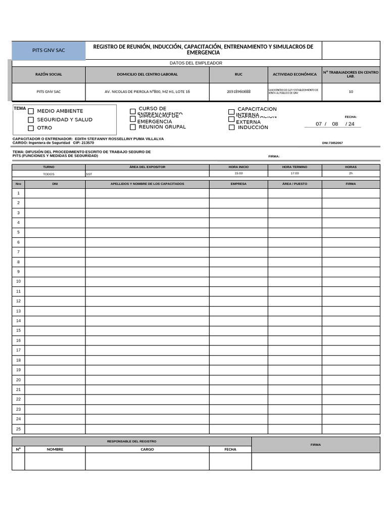 Registro de Reunión, Inducción, Capacitación, Entrenamiento y Simulacros de emergencia-COFIDE | PDF