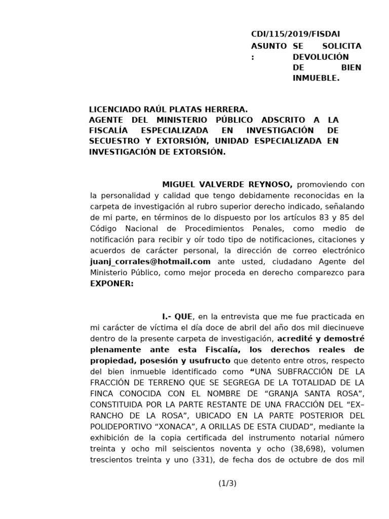 Escrito Solicitando Devolución de Inmueble Asegurado Al M.P. (Común) | PDF