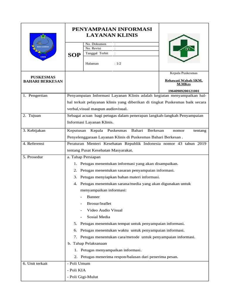 Sop Penyampaian Informasi Layanan Klinis | PDF