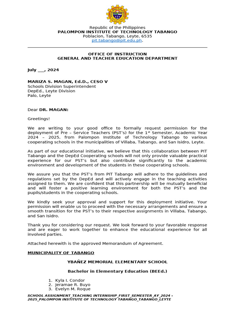 FINAL - School Assignment of PSTs - Letter To DepEd For PST Deployment 2024 | PDF | Learning ...