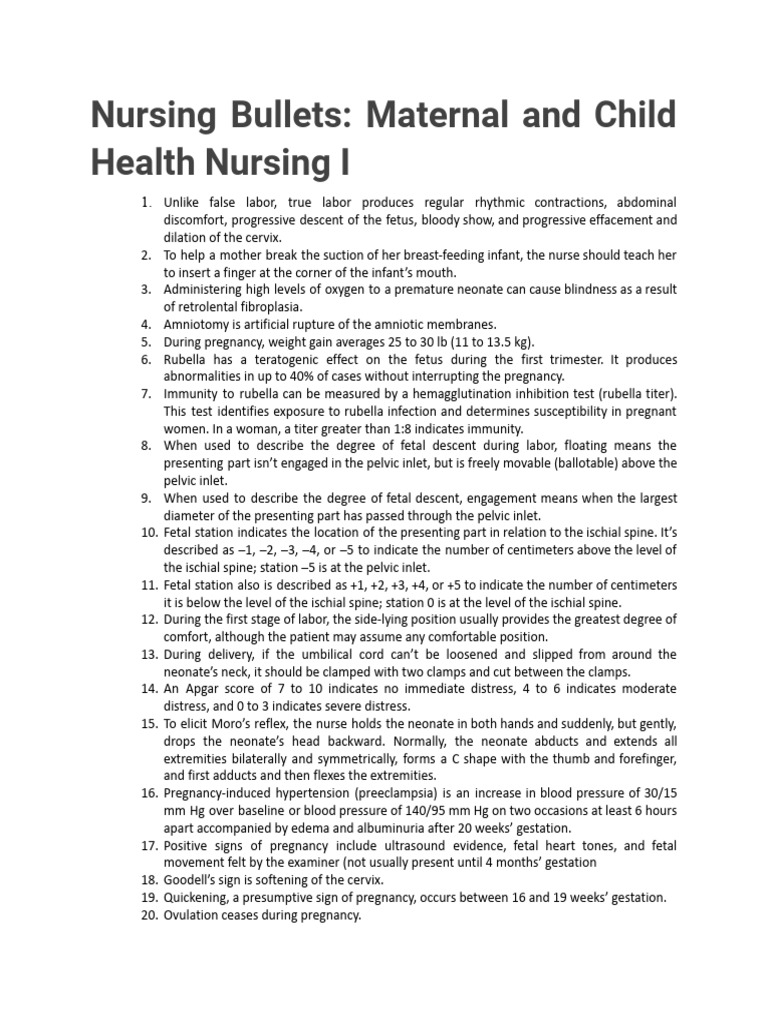 Maternal and Child Health Nursing 1 Bullets | PDF