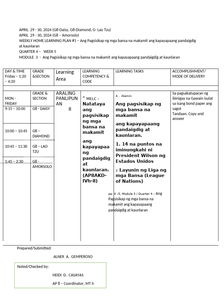 Weekly Home Learning Plan 1 Module 3 Quarter 4 | PDF