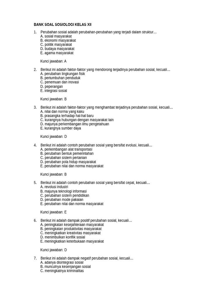 Bank Soal Sosiologi Kelas Xii Sma Pga | PDF