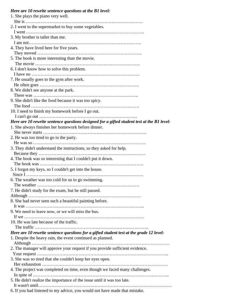 Here Are 10 Rewrite Sentence Questions at The B1 Level | PDF