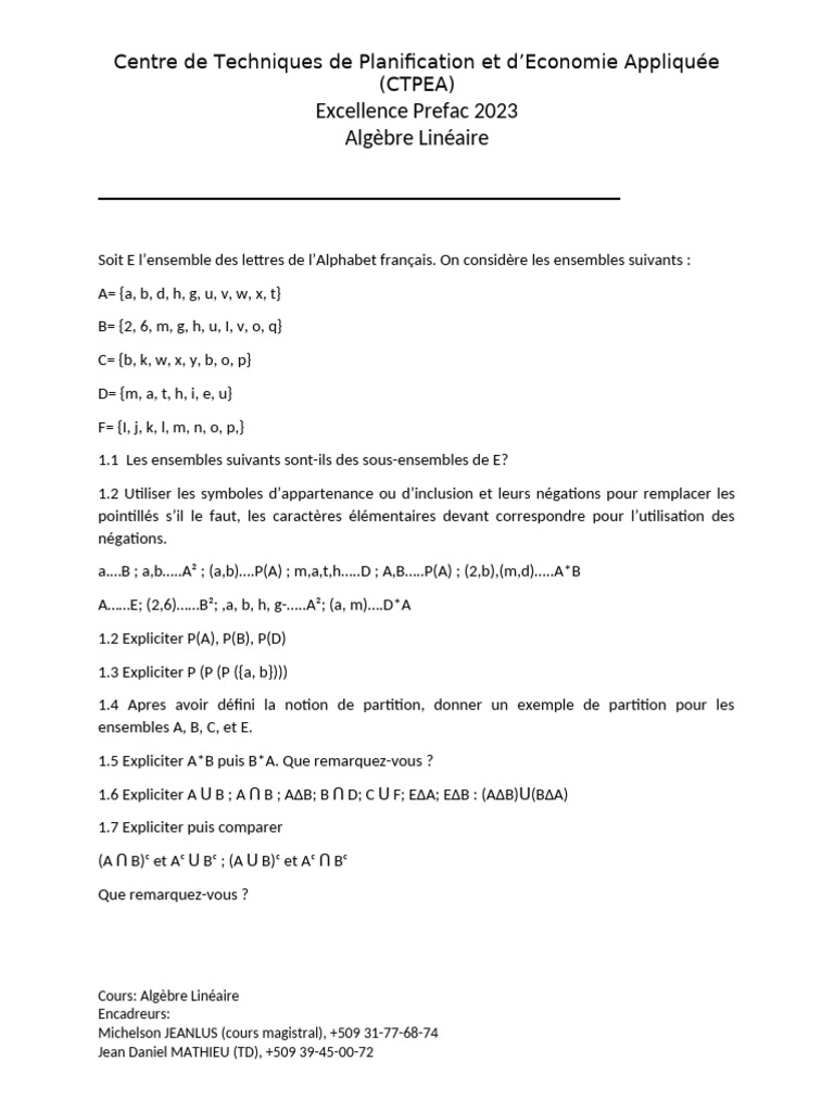 Alg ExcPrefac23 TD 1 | PDF | Algèbre générale | Concepts mathématiques