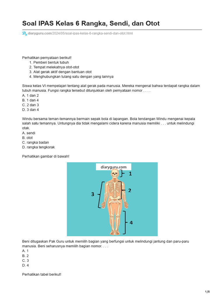 Soal IPAS Kelas 6 Rangka Sendi Dan Otot | PDF