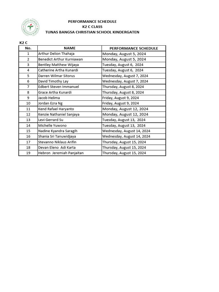 Schedule Song and Rhymes K2 C Class | PDF