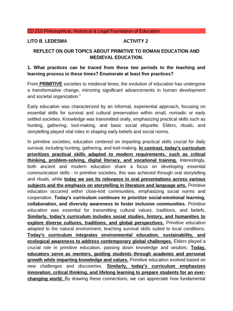 Reflection On Primitive Education | PDF