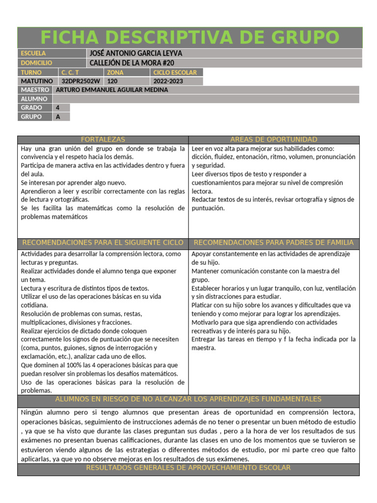 Ficha Descriptiva de Grupo 4º | PDF