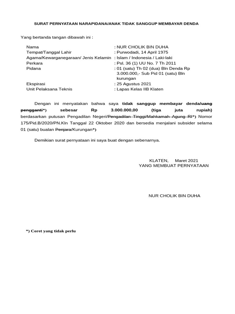 Form Surat Pernyataan Narapidana Atau Anak Tidak Sanggup Membayar Denda ...