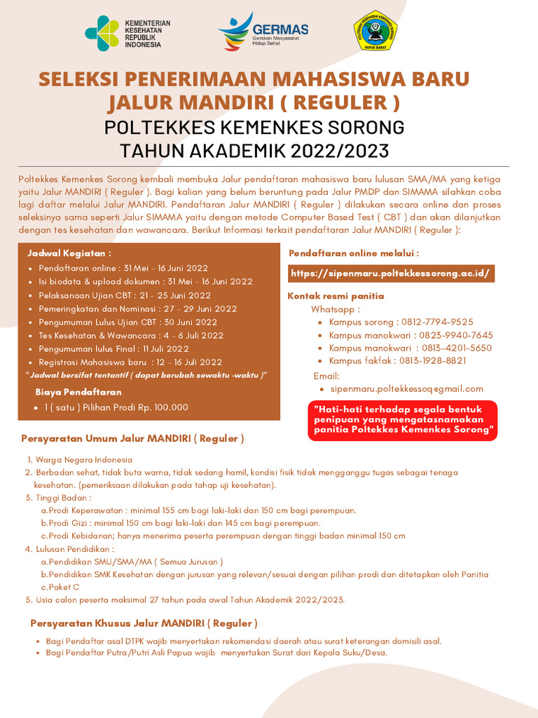 Poltekkes Kemenkes Sorong TAHUN AKADEMIK 2022/2023: Seleksi Penerimaan Mahasiswa Baru Jalur ...