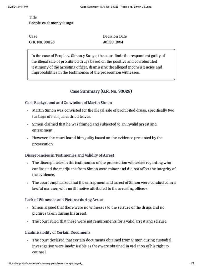 Case Summary - G.R. No. 93028 - People vs. Simon y Sunga | PDF