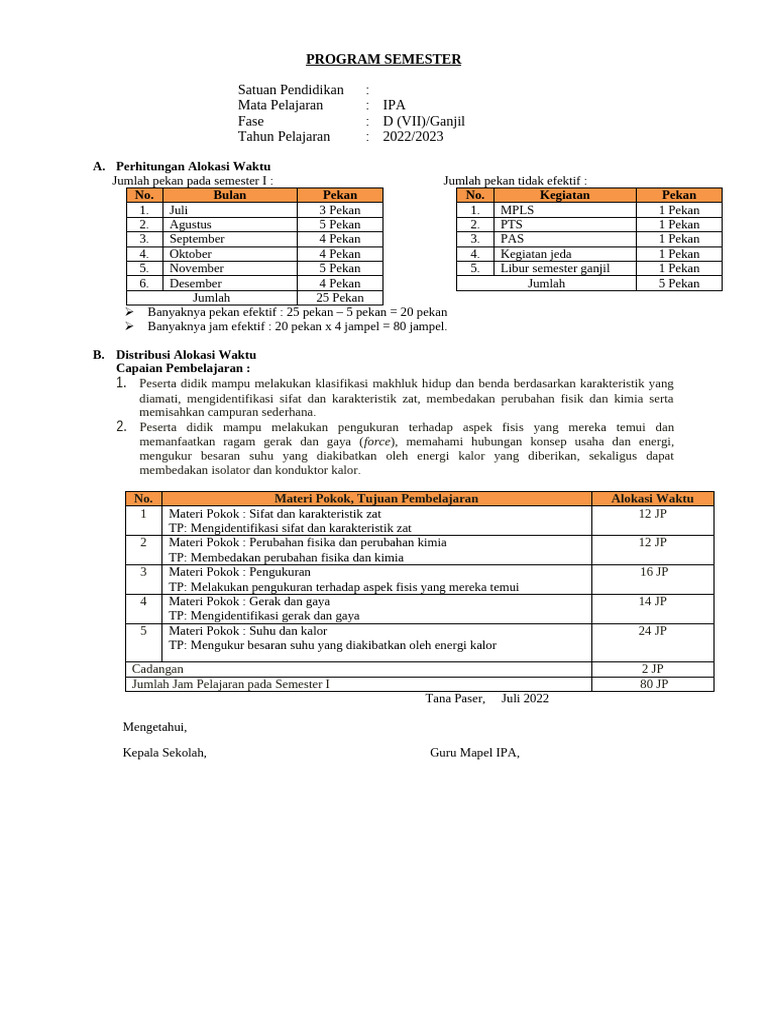 PROSEM Ganjil Dan Genap Kelas 7 TA 2022-2023 | PDF