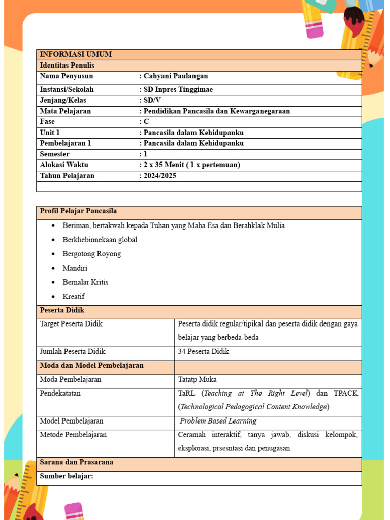 Modul Ajar Pendekatan Tarl-Pkn | PDF