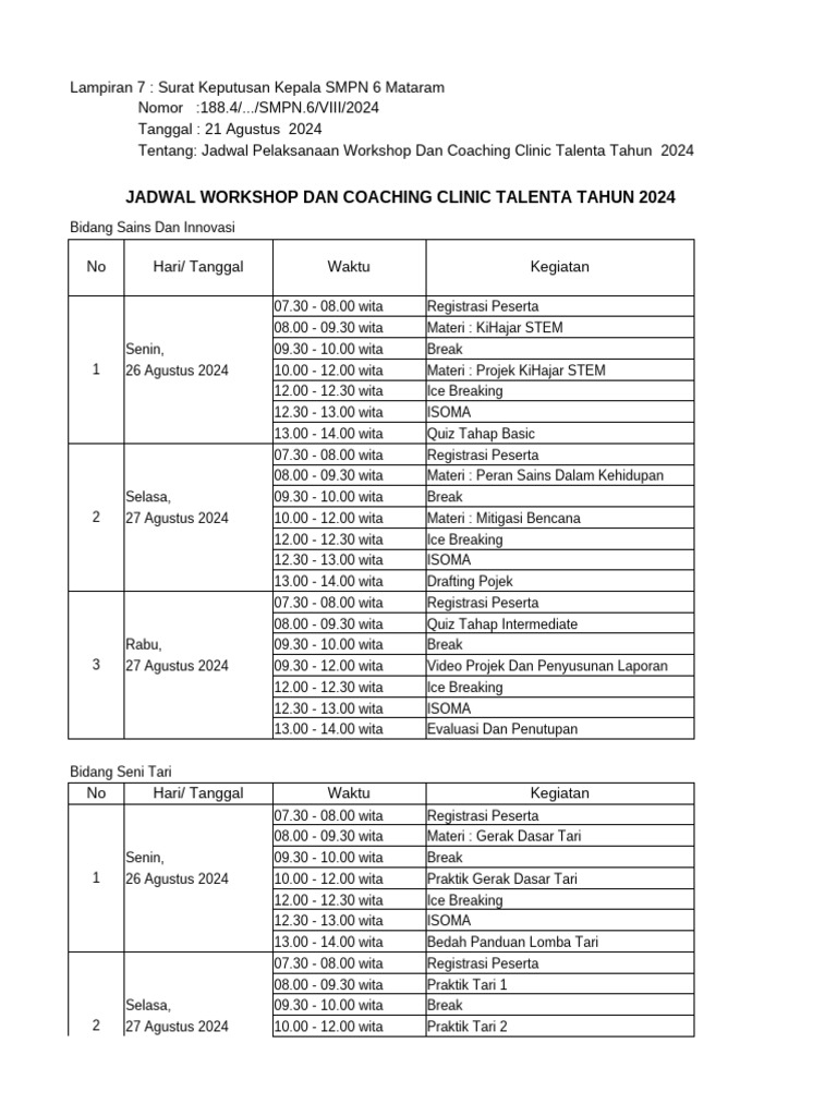 Jadwal Workshop Talenta 2024 | PDF