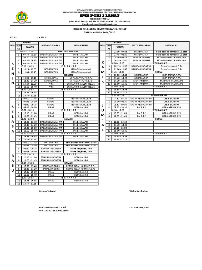 Jadwal Pelajaran X TM 1-1 | PDF