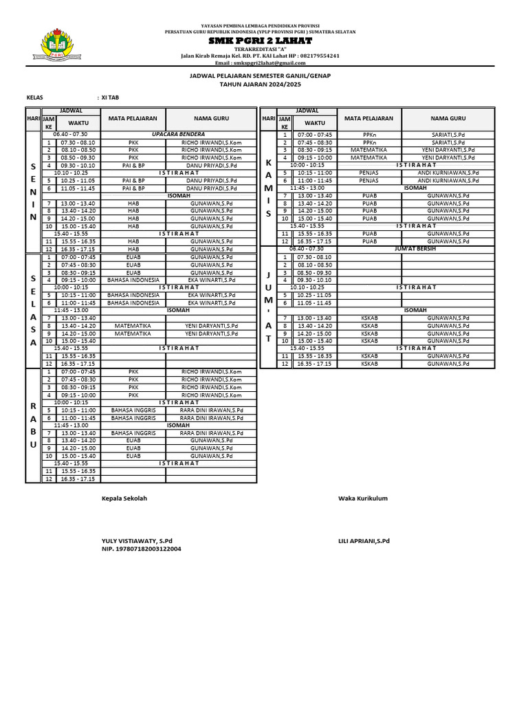Jadwal Pelajaran Xi Tab | PDF