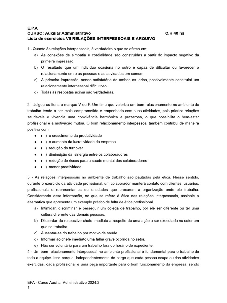 EPA Auxiliar Adm 2024 - Exercicios Lista 7 | PDF | Crecimiento personal y profesional