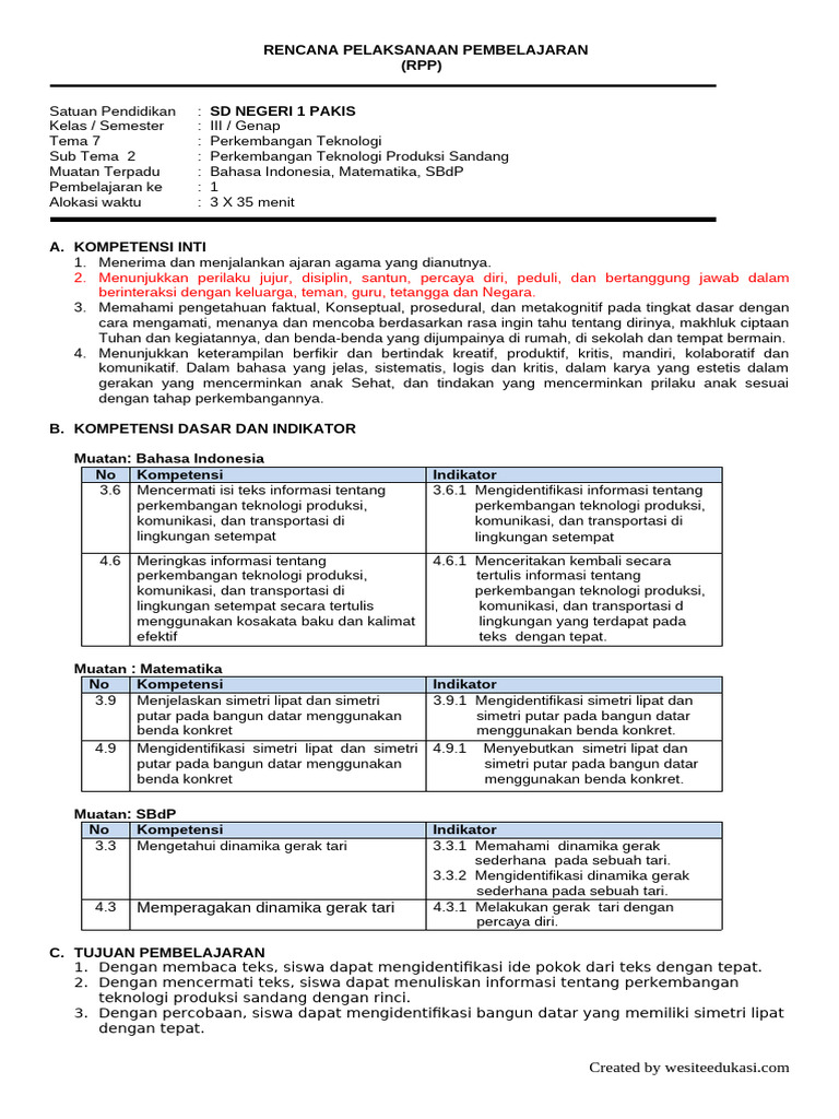 RPP Tema 7 Terintegrasi RHK Kelas 3 Lilik Sumarni, S. Pd. SD | PDF