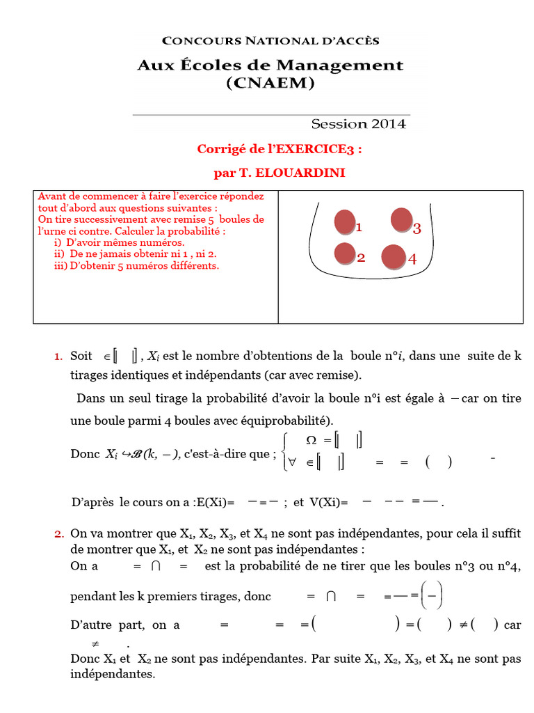 CNAEM - MATH - 2014 - Corrig - Exercice 3 | PDF
