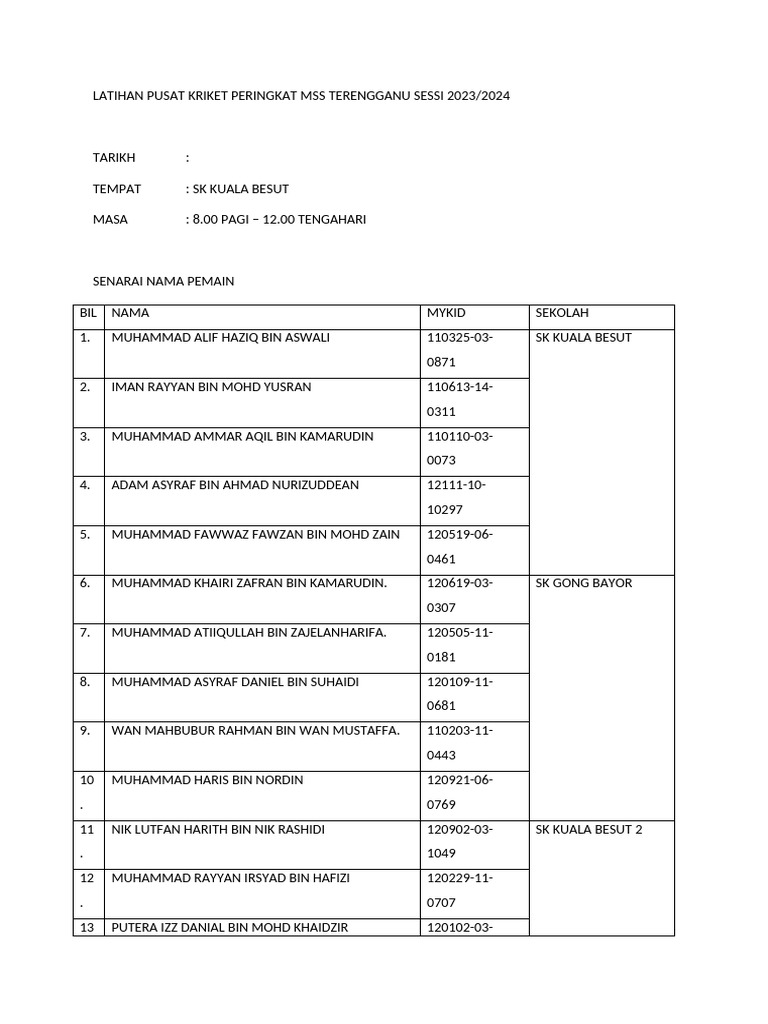 Latihan Pusat Kriket U12 | PDF